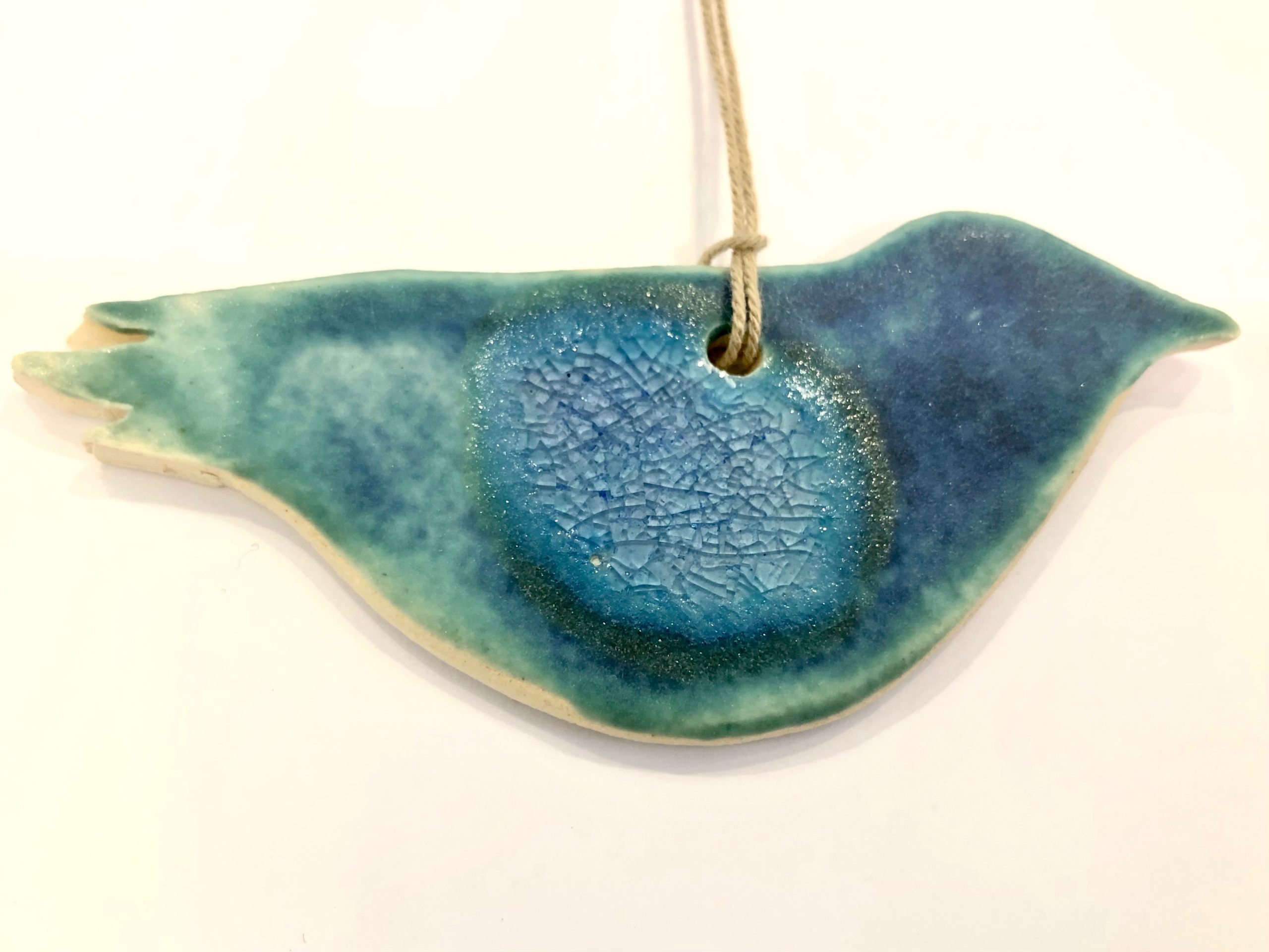 Ceramic hanging bird decoration in a teal glaze - Becksteps Gallery