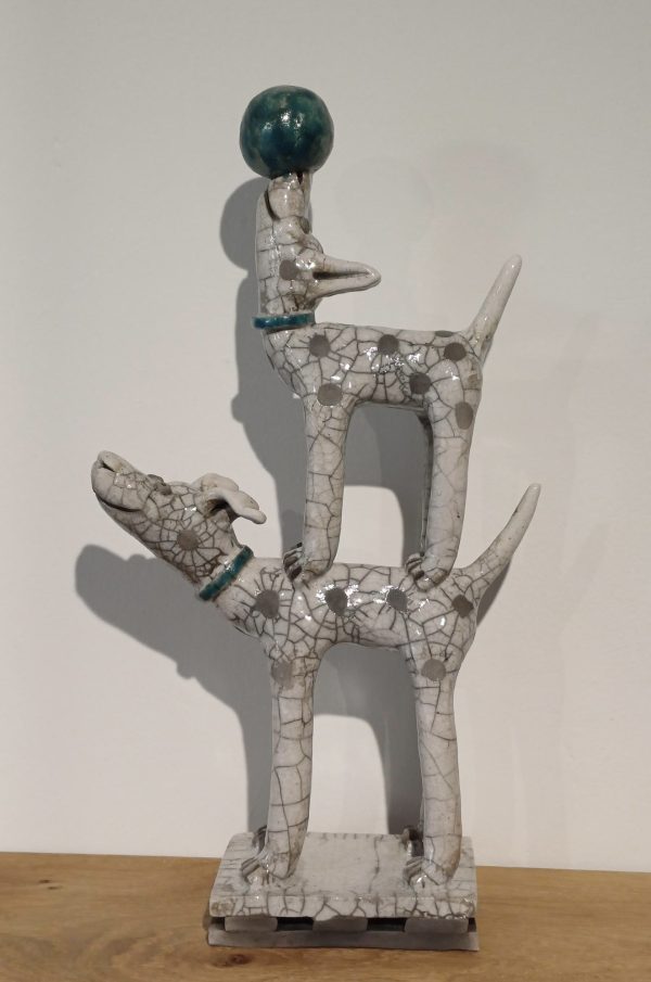 Handmade Stoneware Raku-fired Circus Dogs with Ball - Becksteps Gallery